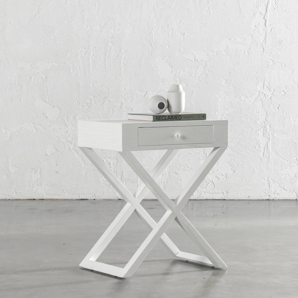 AMARA MID CENTURY CROSS LEG BEDSIDE TABLE | WHITE GRAIN – Living By Design