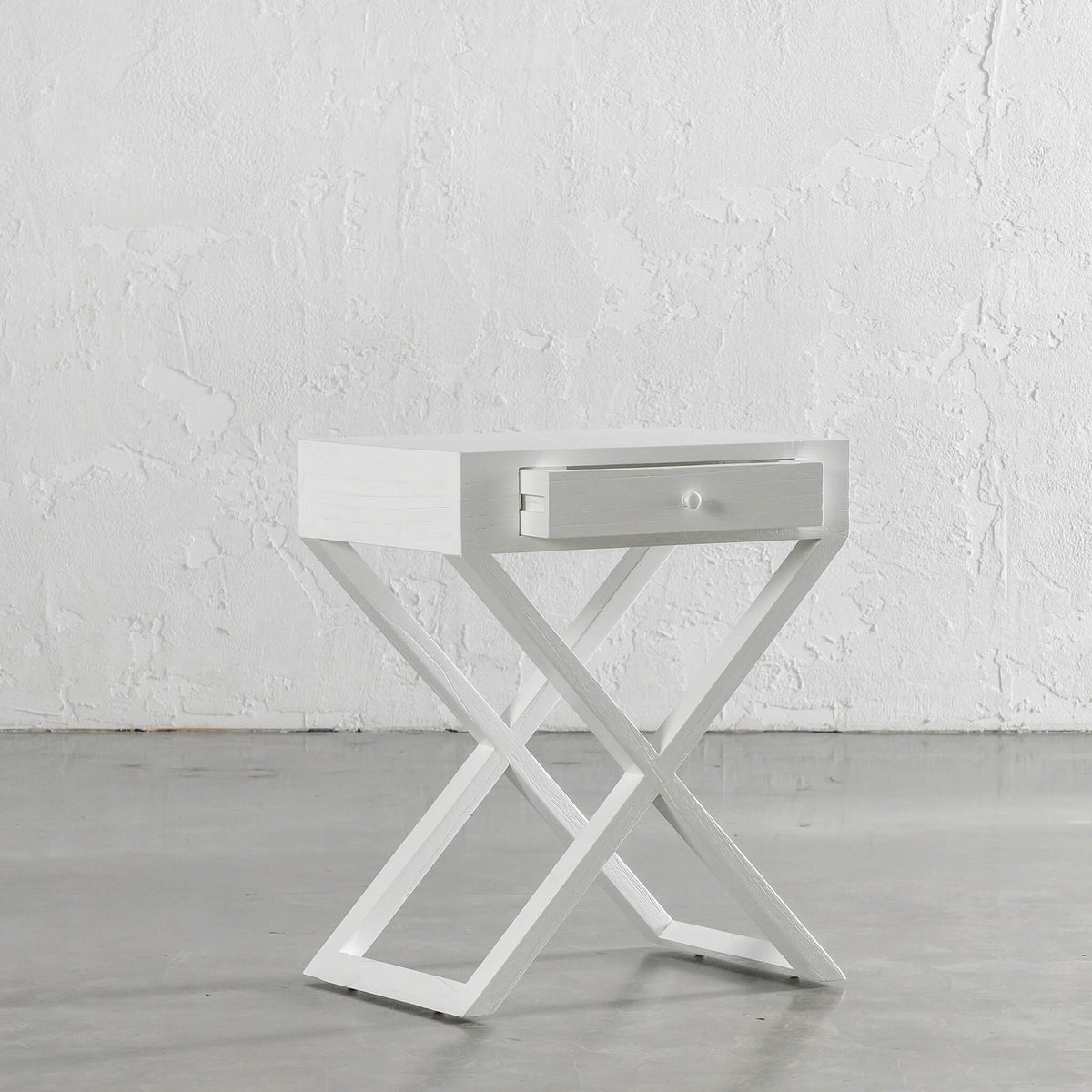 AMARA MID CENTURY CROSS LEG BEDSIDE TABLE | WHITE GRAIN – Living By Design