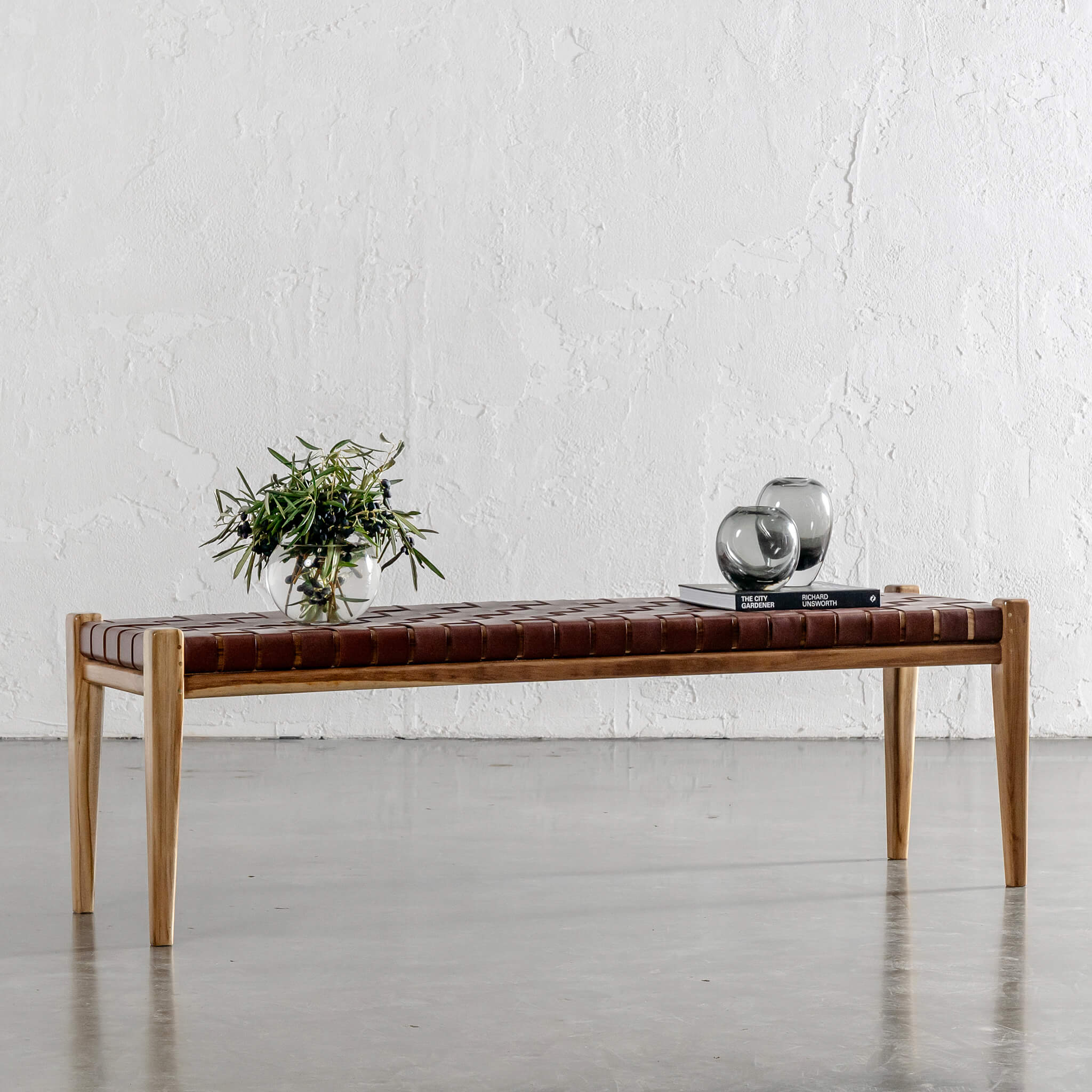 MALAND WOVEN LEATHER BENCH | TAN LEATHER HIDE – Living By Design