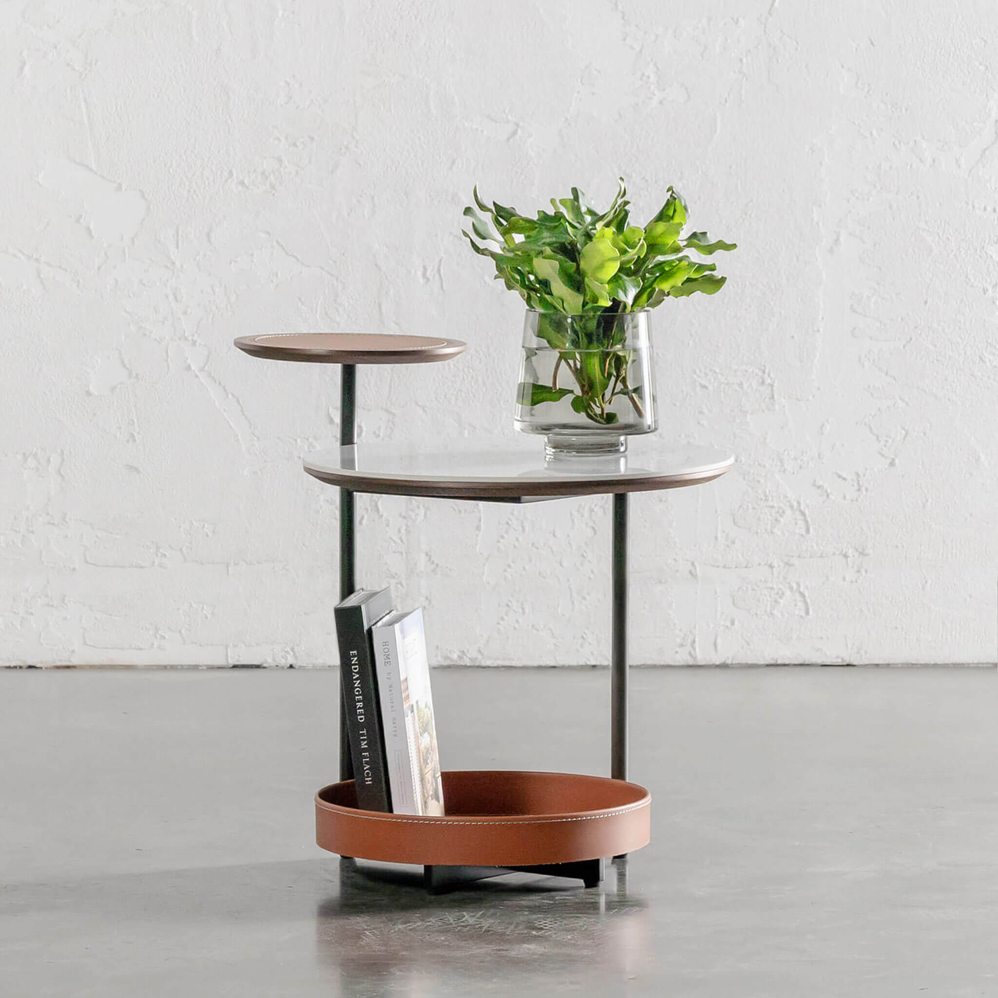 PANZANO TWO TIER SIDE TABLE | HAVANA TAN LEATHER + STONE – Living By Design