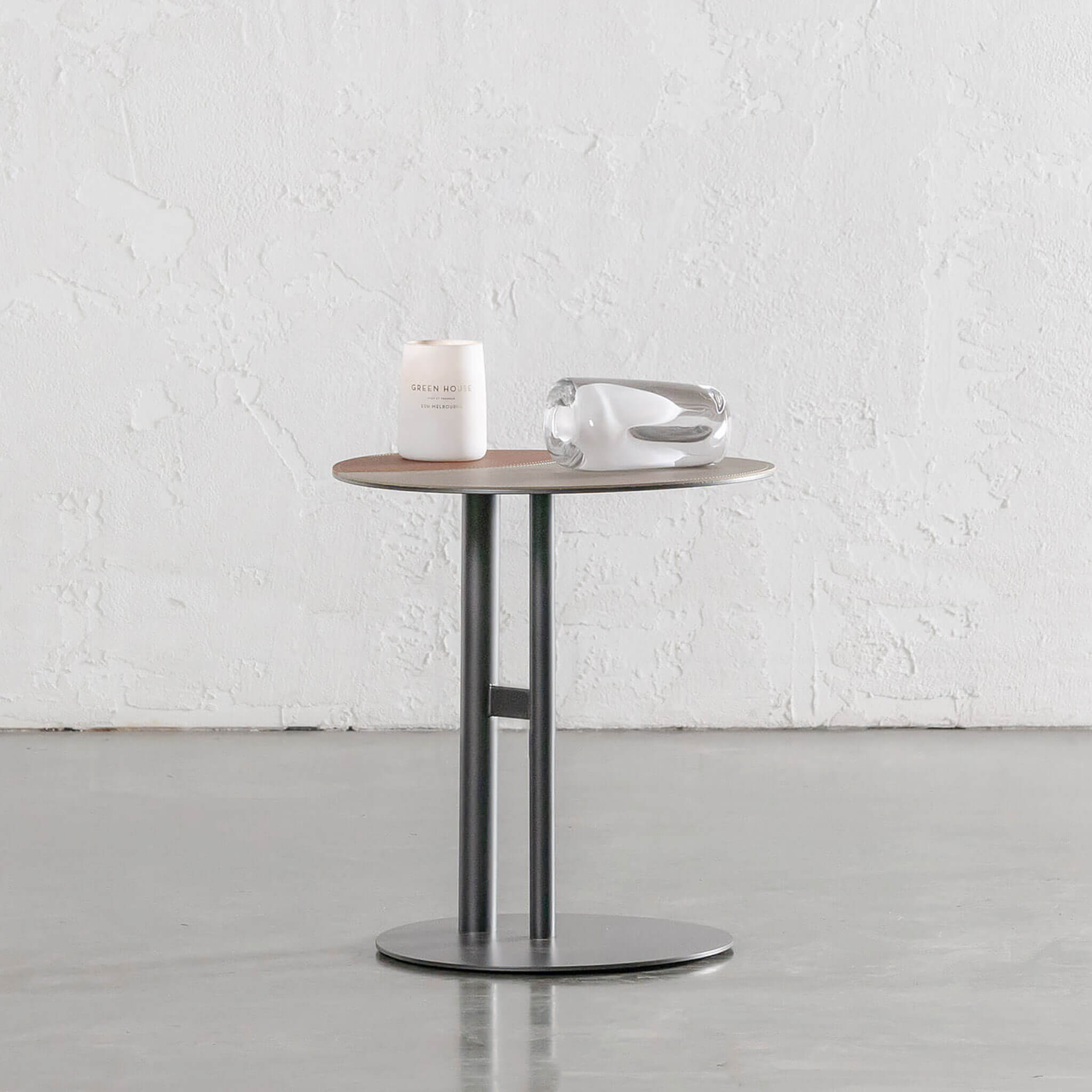 PANZANO TWO TONED ROUND SIDE TABLE | KHAKI STONE + HAVANA TAN LEATHER ...
