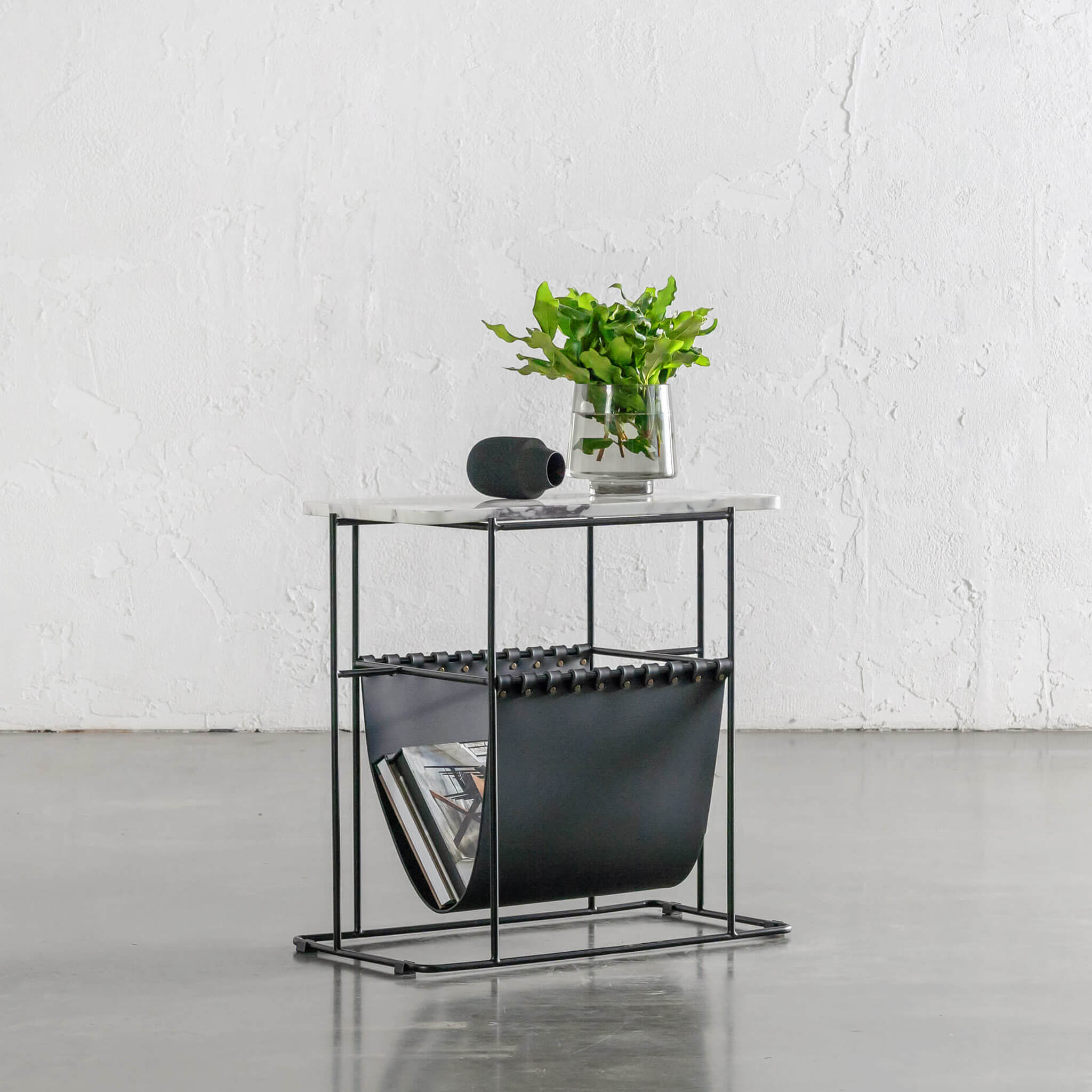 PANZANO MAGAZINE HOLDER + SIDE TABLE | BLACK NOIR LEATHER + MARBLE ...