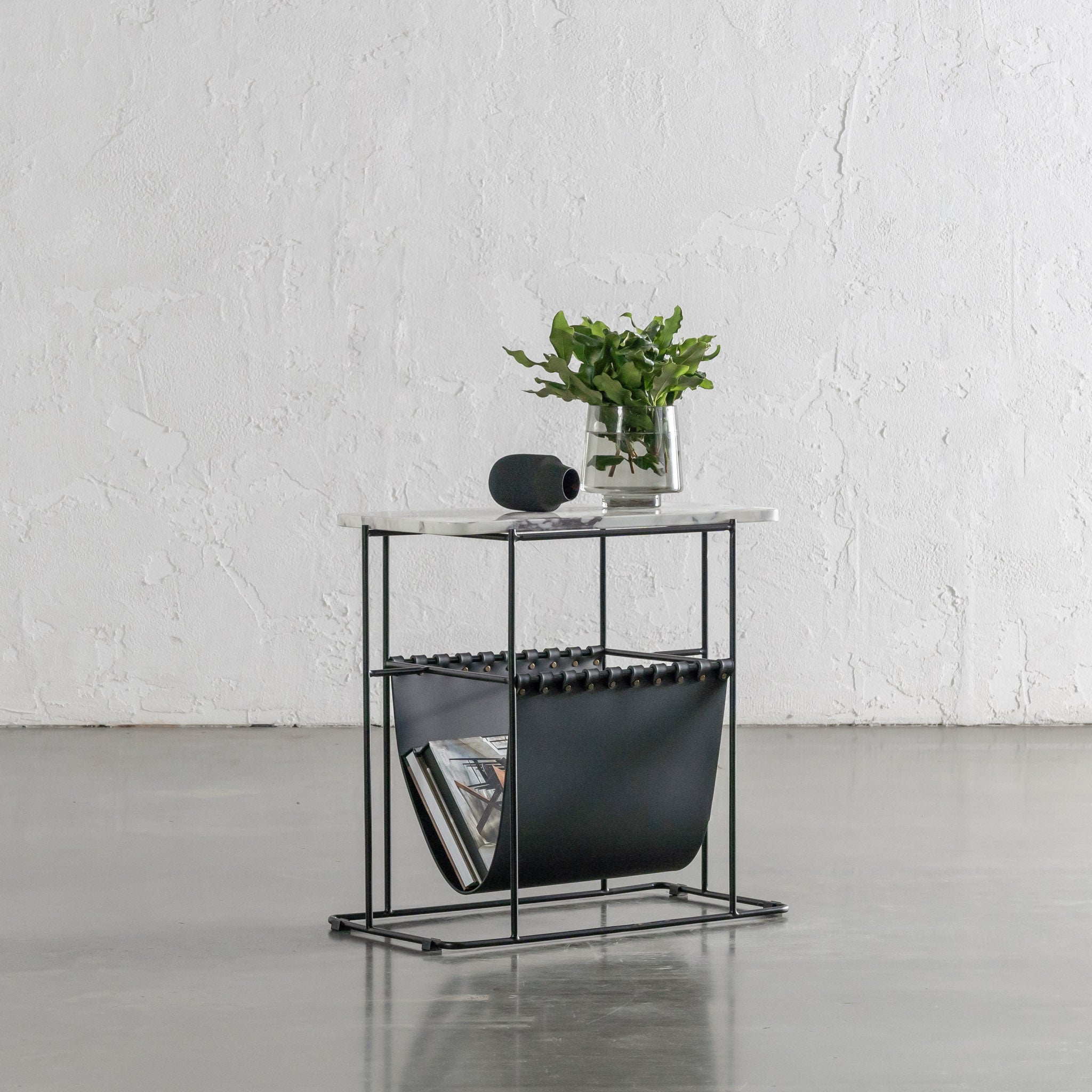 PANZANO MAGAZINE HOLDER + SIDE TABLE | BLACK NOIR LEATHER + MARBLE – Living By Design