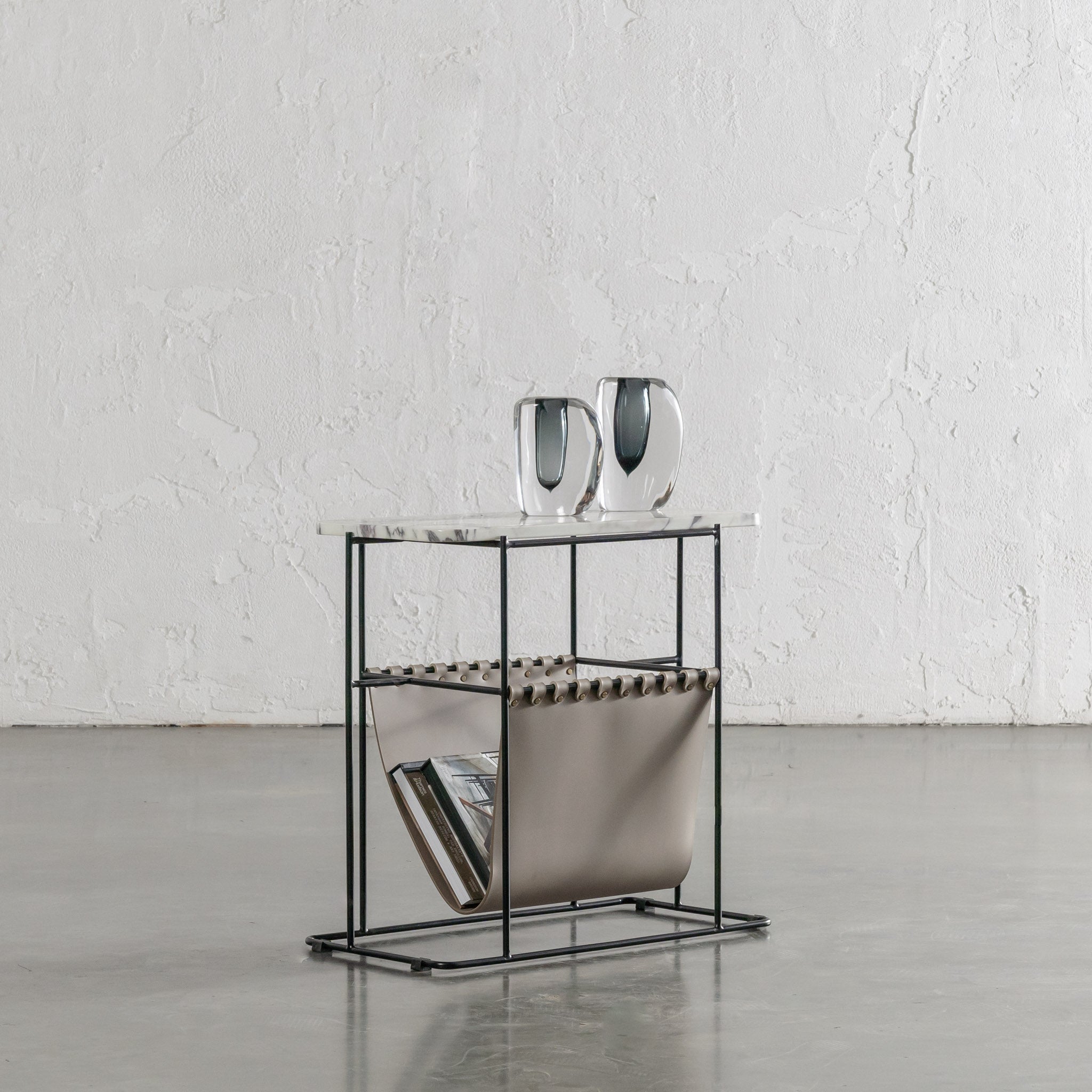 PANZANO MAGAZINE HOLDER + SIDE TABLE | KHAKI STONE LEATHER + MARBLE ...