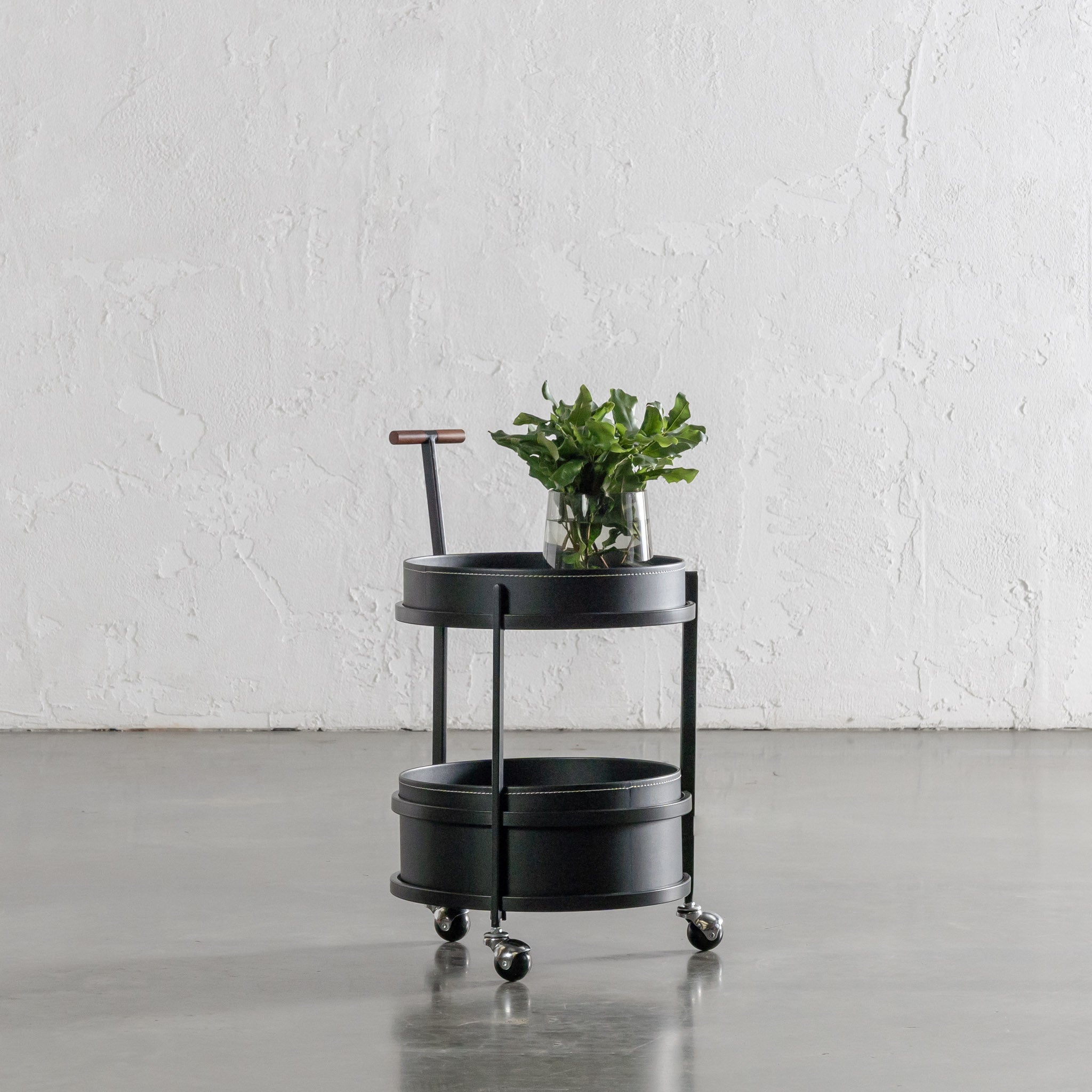 PANZANO TWO TIER STORAGE TROLLEY WITH CASTERS | BLACK NOIR LEATHER ...