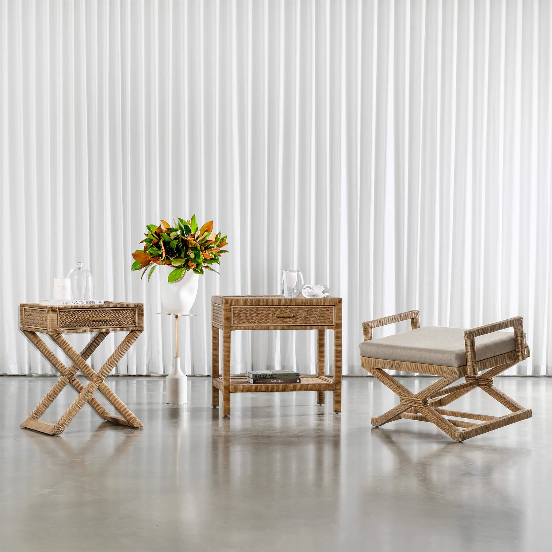 SAN AUGUSTINE RATTAN HERRING WEAVE | CROSS LEG STOOL WITH PADDED SEAT ...